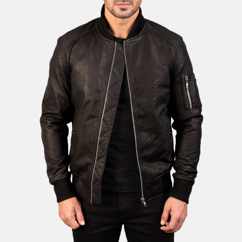 Bomia MA-1 Distressed Black Leather Bomber Jacket | Vintage Finish