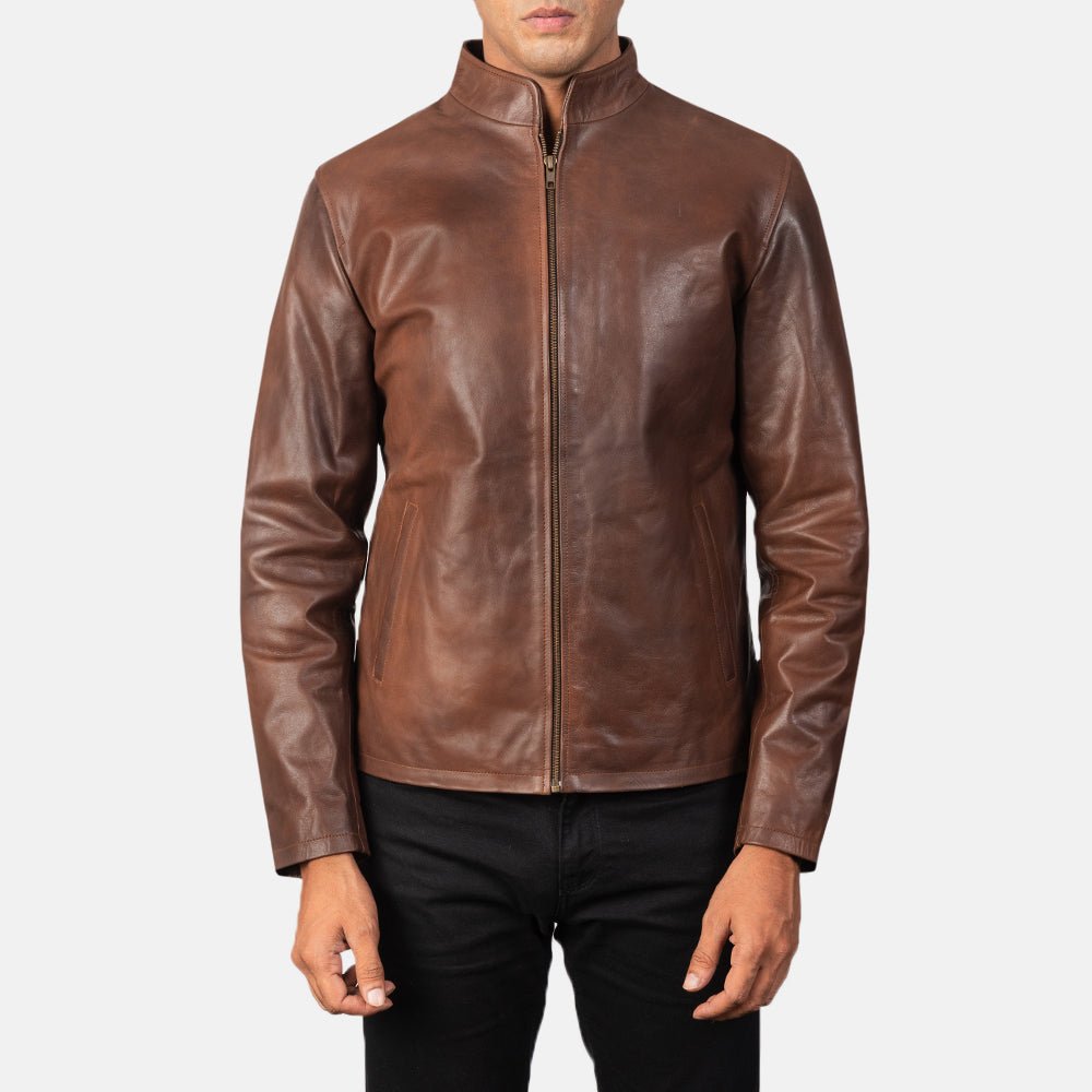 Alex Brown Leather Biker Jacket - nualeatherjackets.com