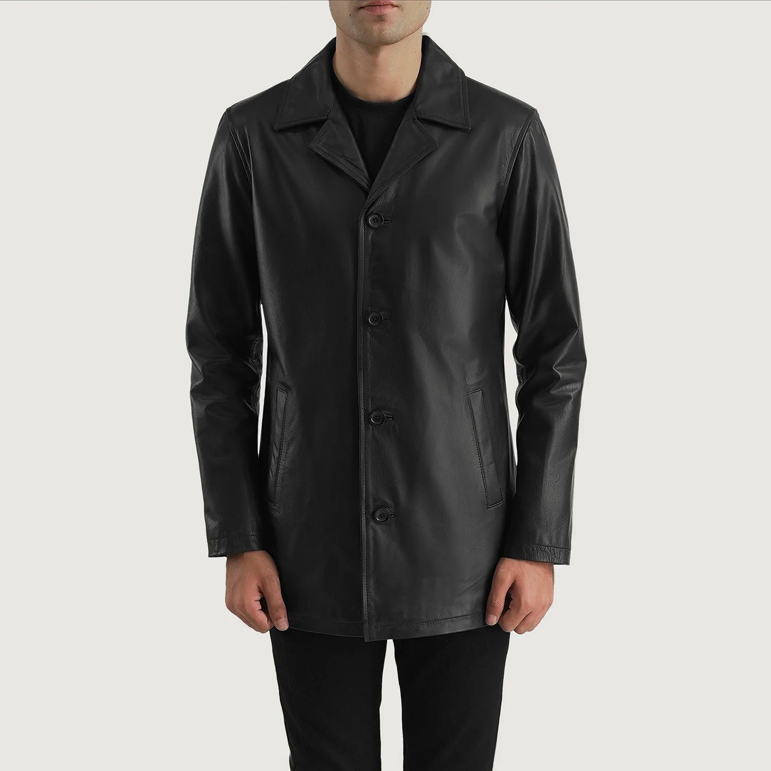 Urban Slate Black Leather Coat – Cowhide Semi-Aniline Finish
